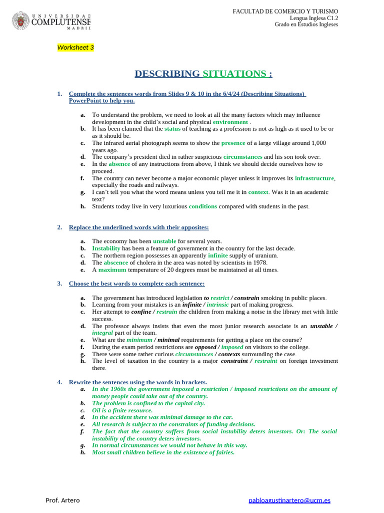 KEY - 3 - Worksheet 3 - Describing Situations - 6 - 3 - 24 | PDF ...