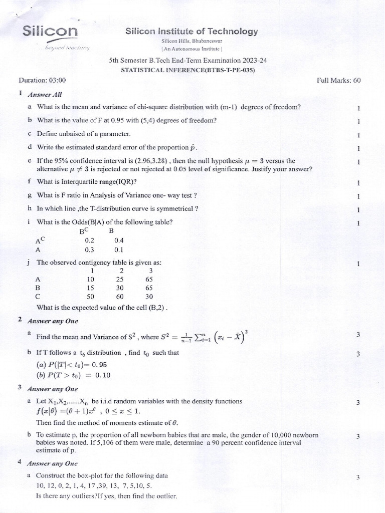 Statistical Inference(Btbs-t-pe-035) - End Term Exam - 2023-2024 | PDF