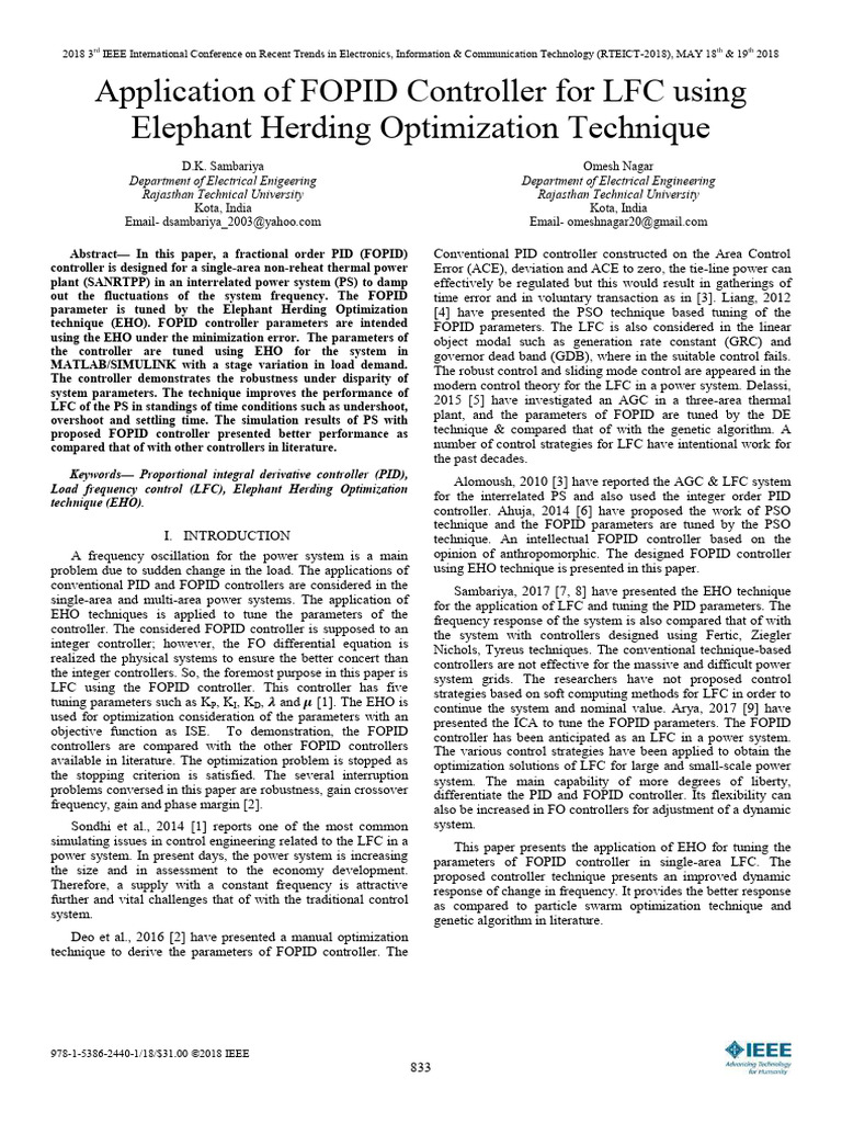 Application of FOPID Controller For LFC Using Elephant Herding Optimization Technique | PDF ...