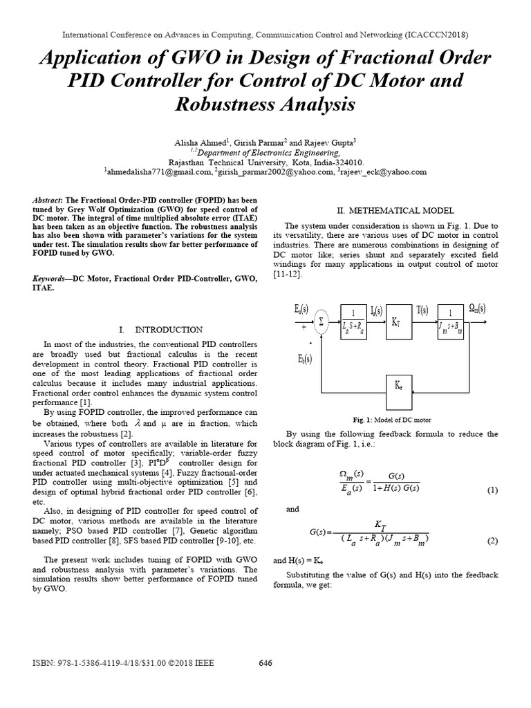 Application of GWO in Design of Fractional Order PID Controller For Control of DC Motor and ...