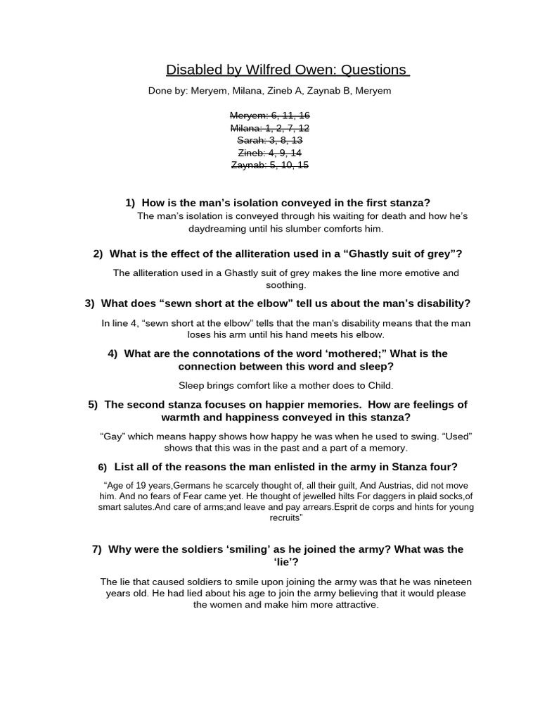 Disabled by Wilfred Owen: Study Questions | PDF