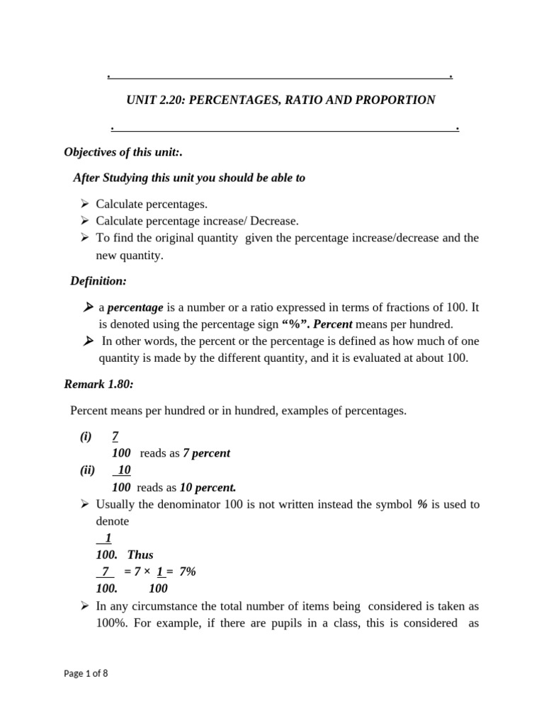 Percentages, Ratios and Proportions Notes | PDF | Percentage | Ratio