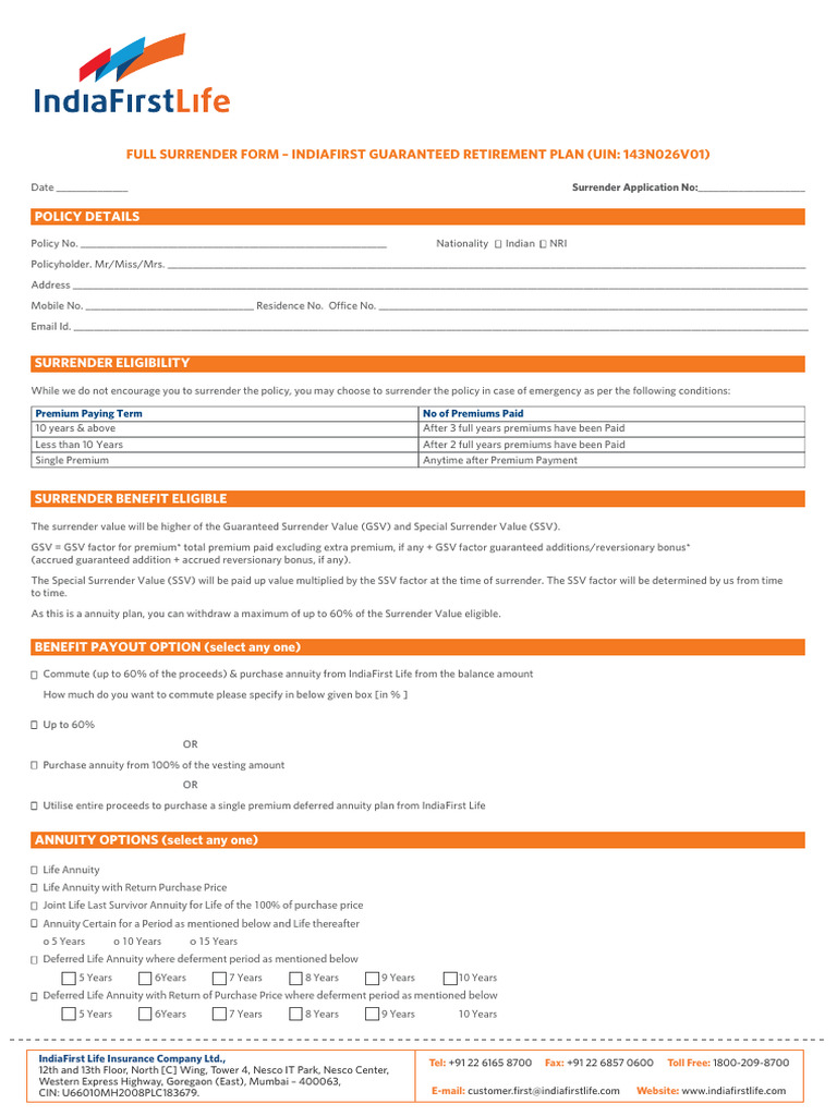 IndiaFirst Life Full Surrender Form | PDF | Insurance | Life Insurance