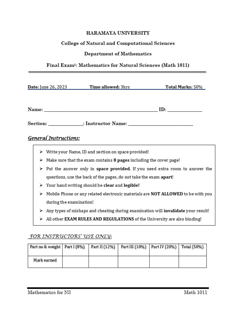 Freshman Mathematics Final Exam 2023 | PDF | Function (Mathematics ...