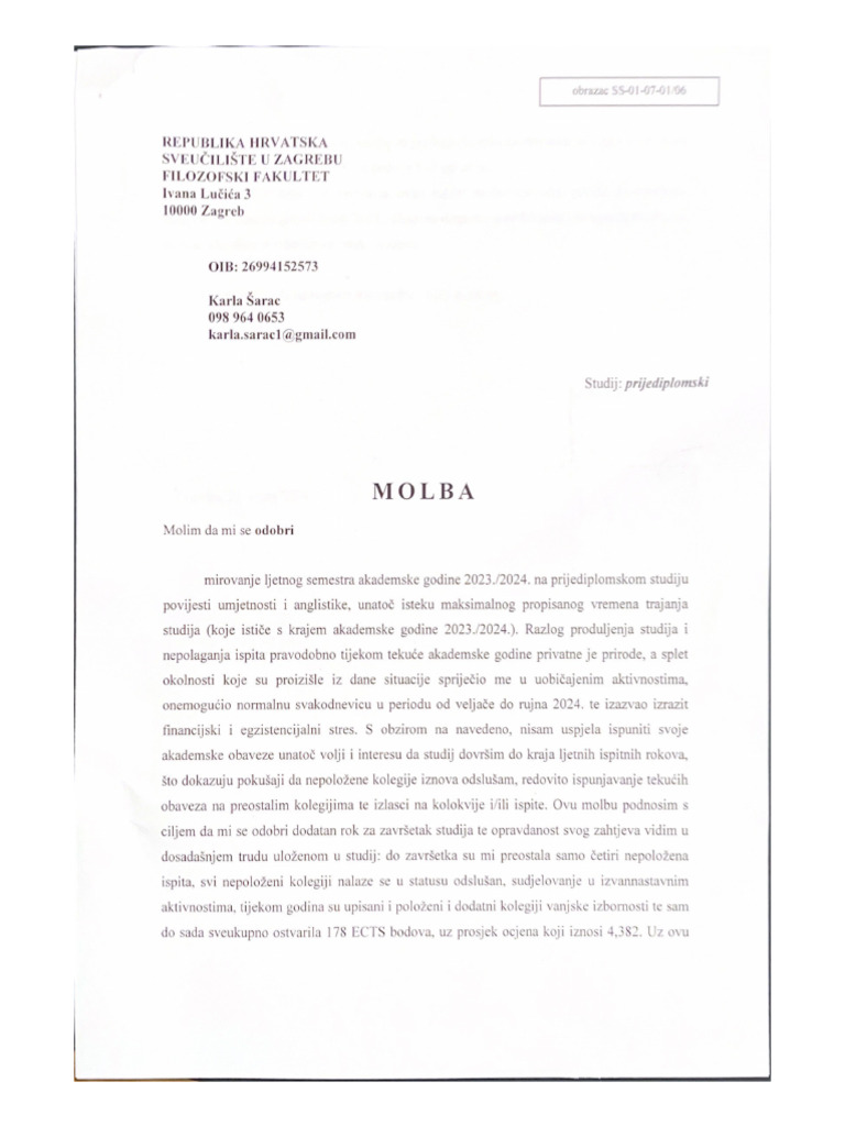 Molba - Karla Šarac | PDF