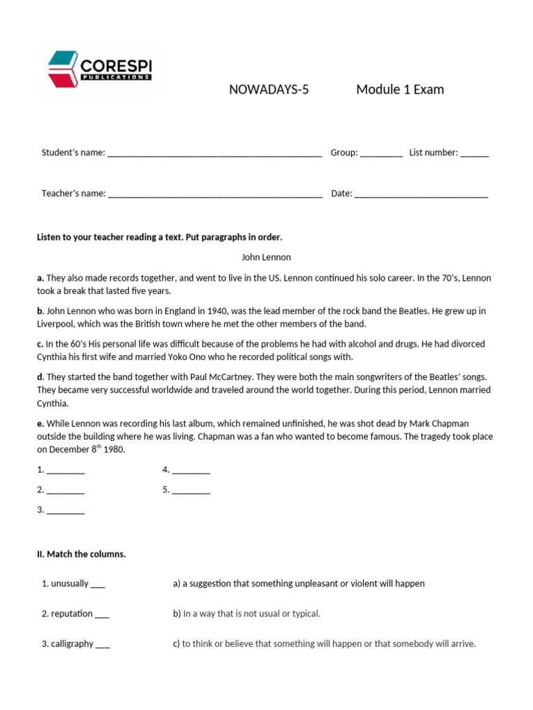 Nowadays 5. Module 1 Exam | PDF | John Lennon | The Beatles