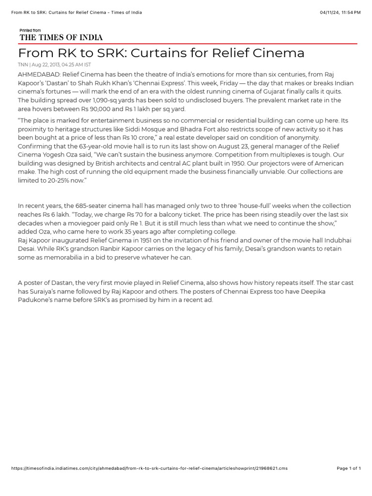 From RK To SRK: Curtains For Relief Cinema - Times of India | PDF | Movie Theater | Cinema Of India
