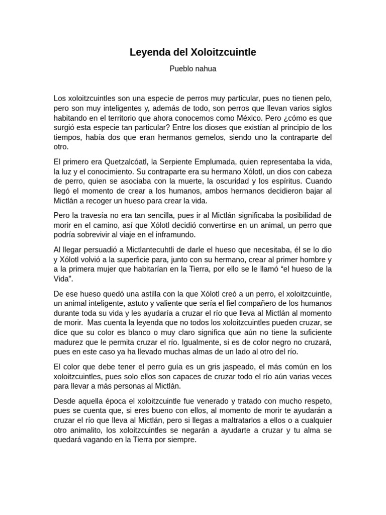 Leyenda Del Xoloitzcuintle | PDF