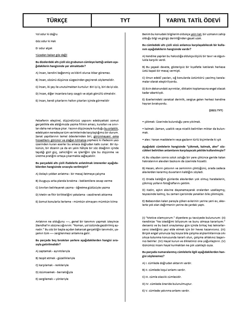 100 Soruluk Türkçe Tyt Test | PDF