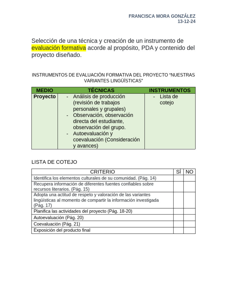 INSTRUMENTO DE EVALUACIÓN FORMATIVA | PDF