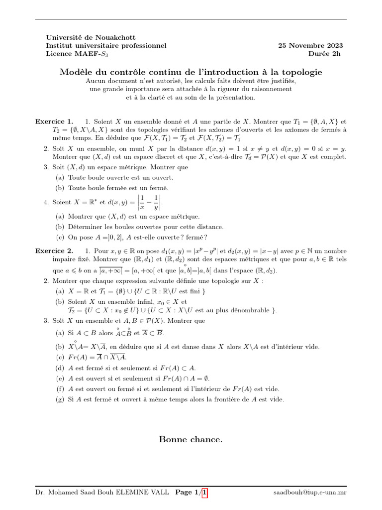 Contrôle continu en topologie MAEF-S3 | PDF | Inclusion (mathématiques ...