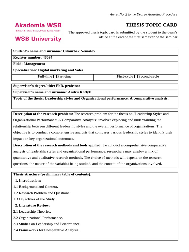 Thesis Card of Dilnurbek | PDF | Methodology | Leadership