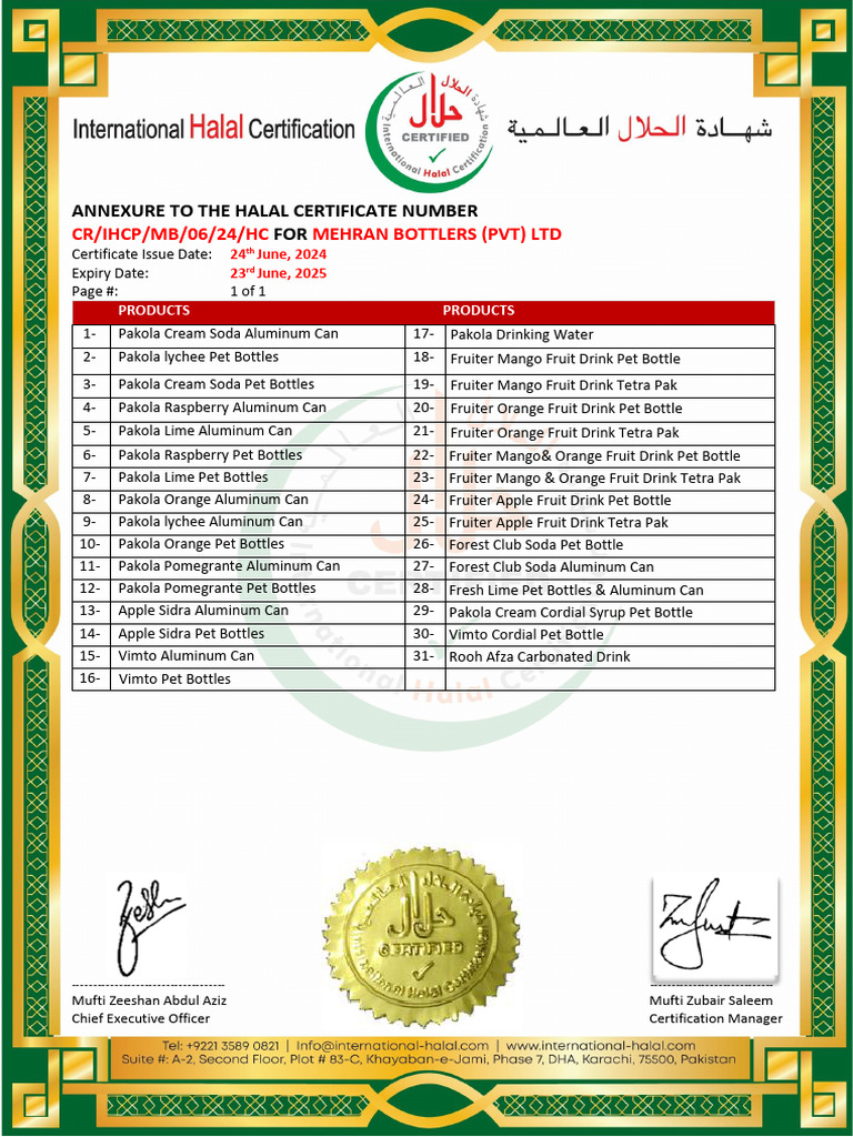 IHC Halal Certificate Annexure - MEHRAN BOTTLERS (PVT) LTD KHI UNIT ...
