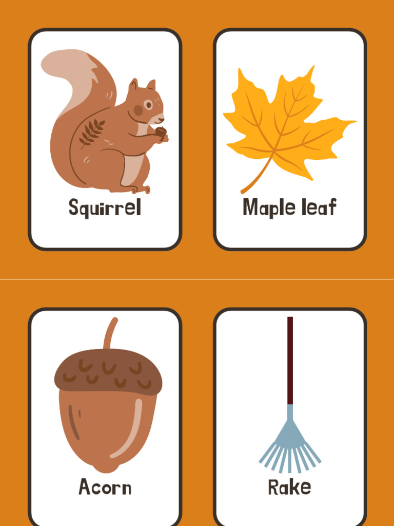 Autumn Vocabulary Printable Educational Flashcards in Brown Orange and ...