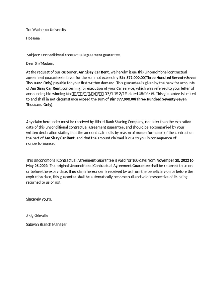 Unconditional Contractual Agreement Guarantee | PDF