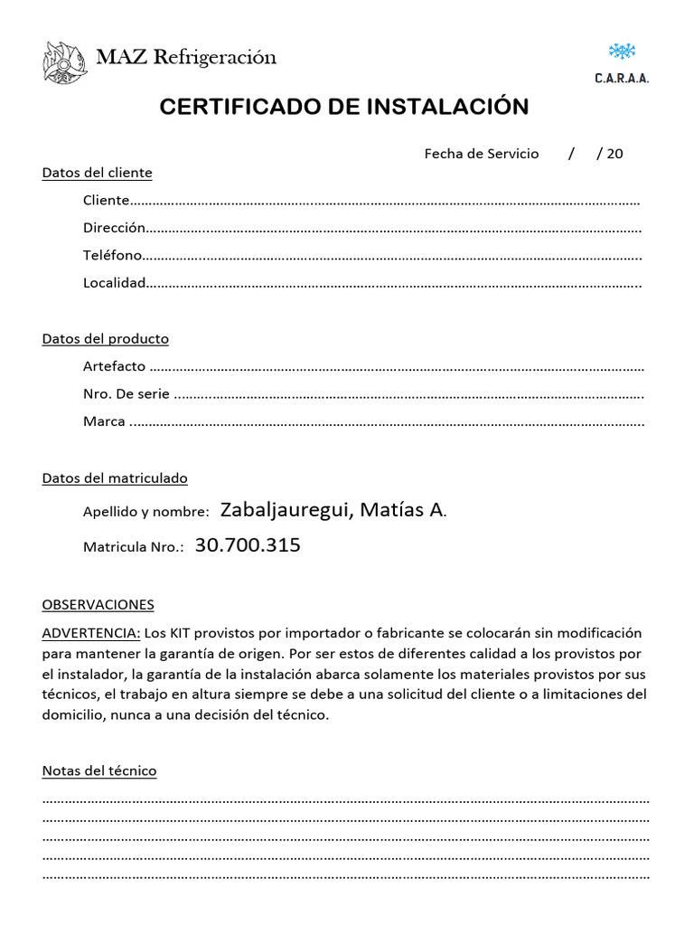 Certificado Instalacion Mas Refrigeracion | PDF