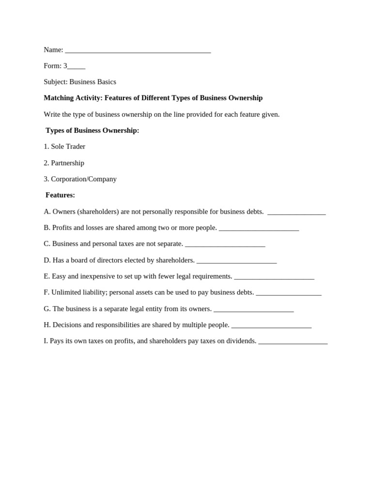 Matching Activity - Features of Business Ownership | PDF