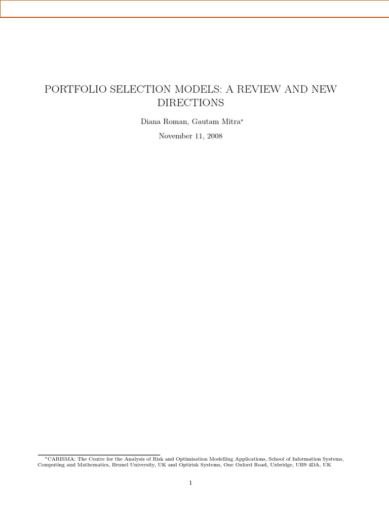 Portfolio Selection Models: A Review and New Directions: Diana Roman ...
