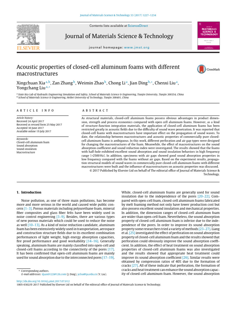 Acoustic Propertied of Clossed Cell Aluminum Foams With Different Macro ...