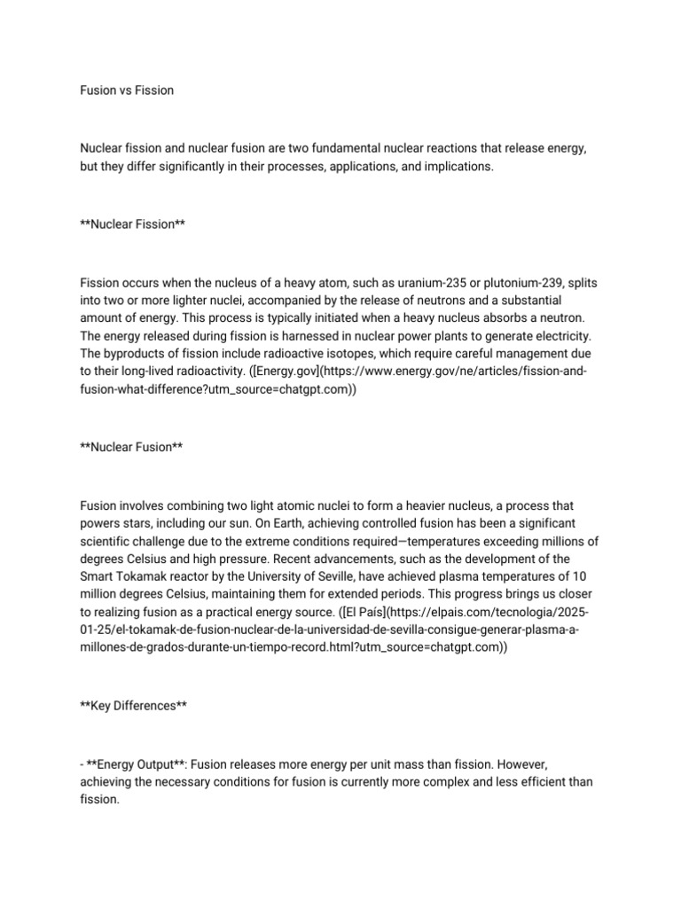 Fusion vs Fission | PDF | Nuclear Fusion | Nuclear Fission
