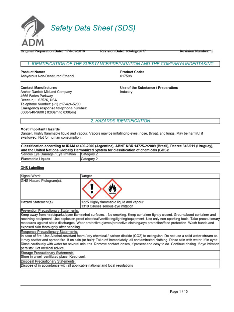 Ethanol 96% MSDS | PDF | Ethanol | Combustion