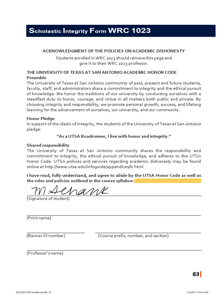 2023-2024 TWP Handbook - 1023 Scholastic Integrity Form | PDF