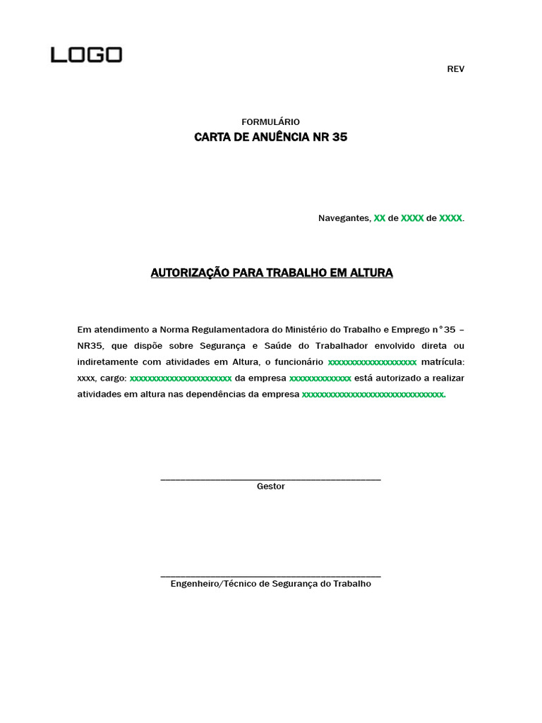 Modelo de Carta de Anuência NR 35 | PDF