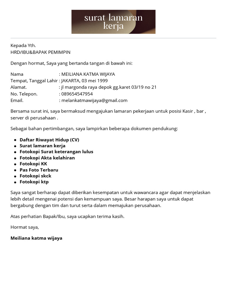 Lamaran Pekerjaan Posisi Kasir dan Server | PDF