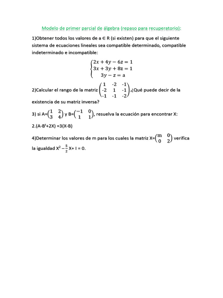Modelo de Primer Parcial de Álgebra-T | PDF