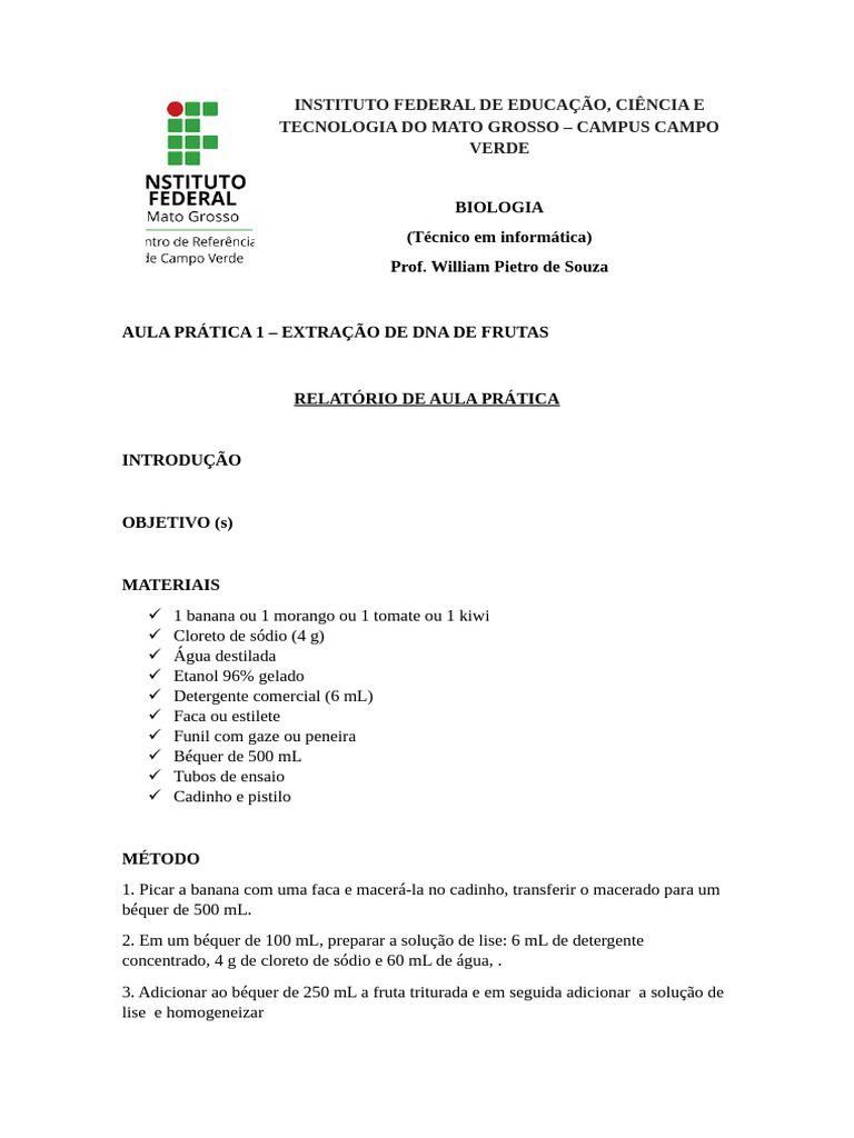 Aula Prática - Extração de DNA de Frutas | PDF