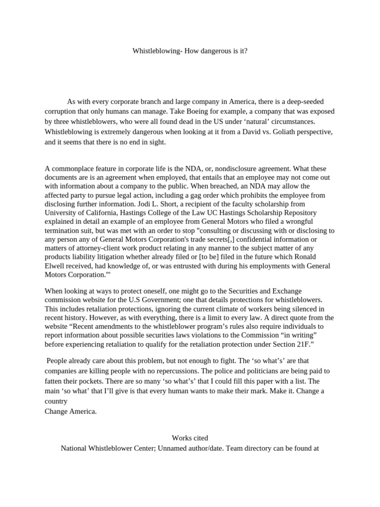 Whistleblowing Synthesis Draft One | PDF | Non Disclosure Agreement ...