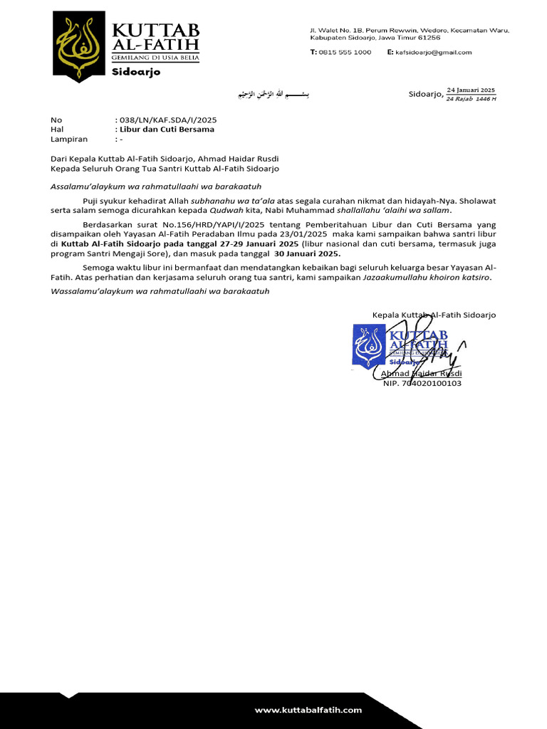 Libur Santri Kuttab Al-Fatih 27-29 Jan 2025 | PDF