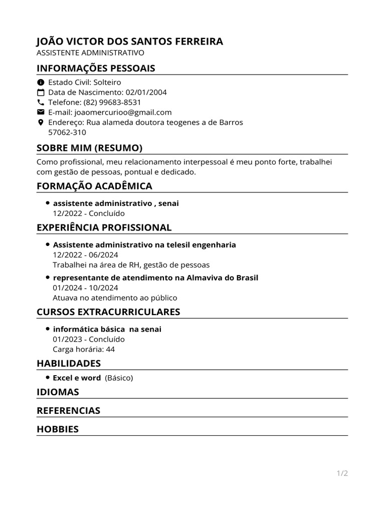 Currículo - João Victor Dos Santos Ferreira | PDF