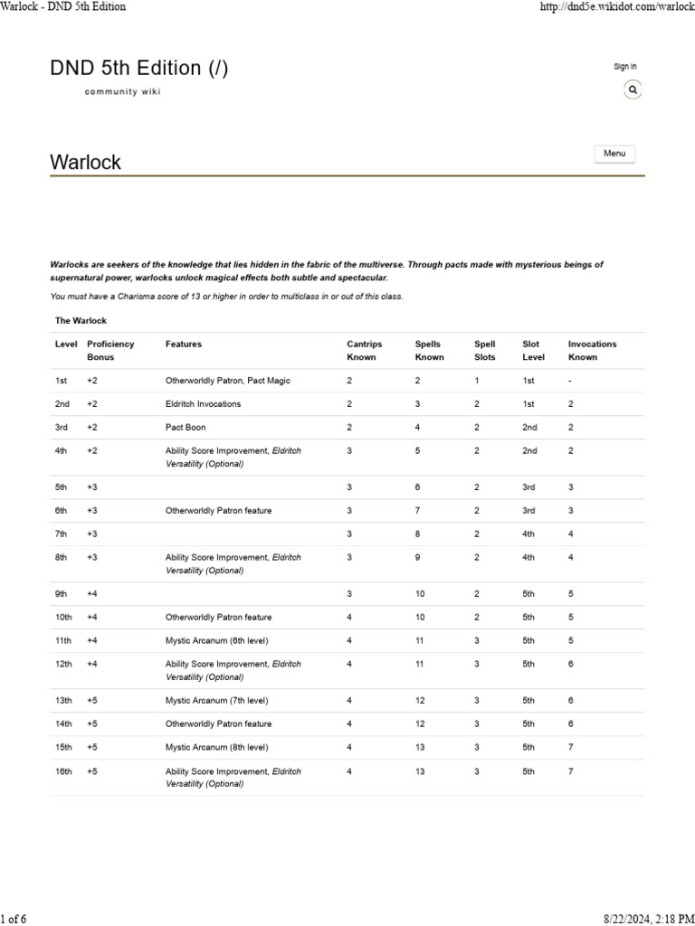 Warlock Class Overview for D&D 5E | PDF | Wizards Of The Coast Games ...