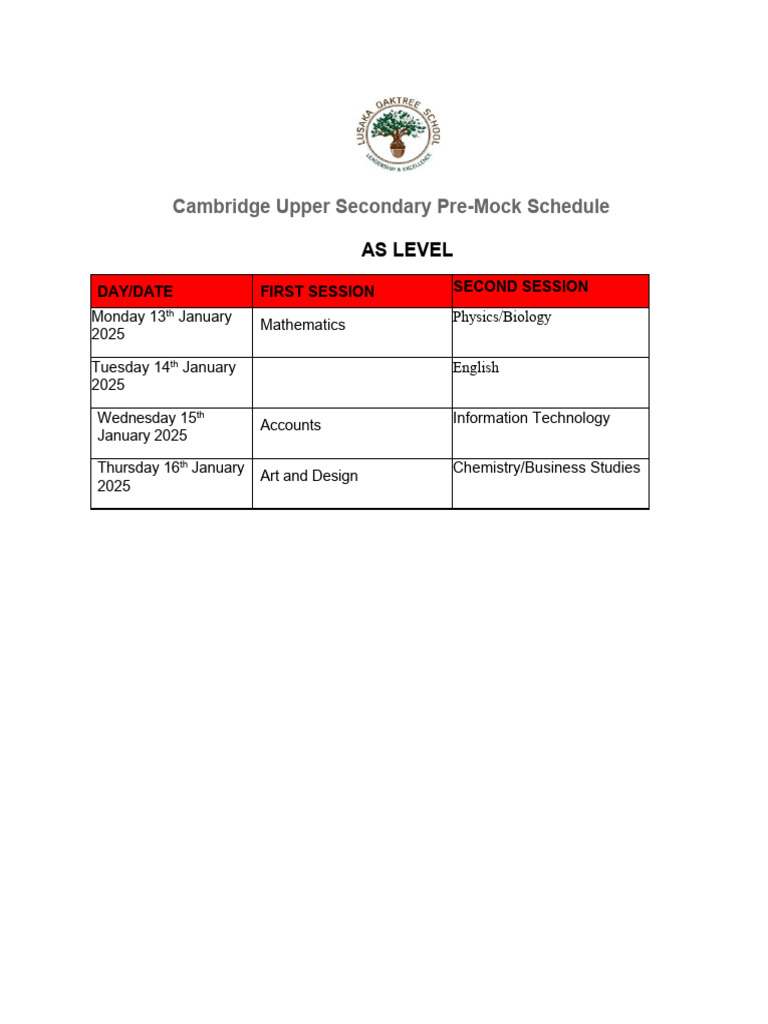 AS LEVEL Pre-Mock Schedule | PDF