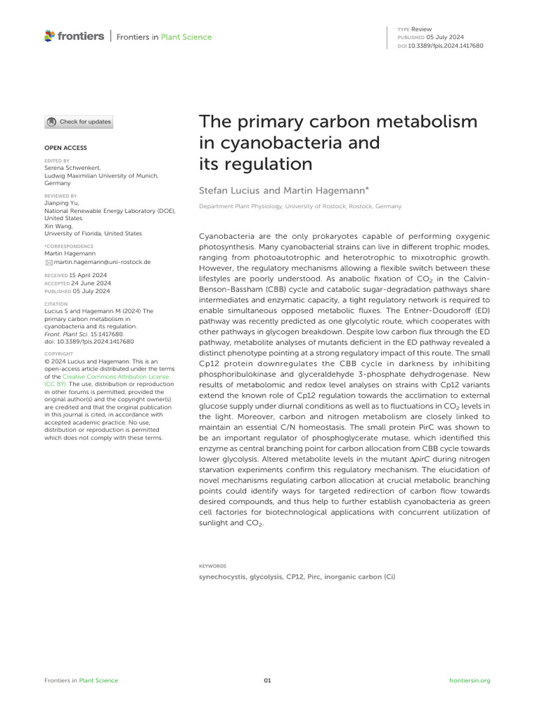 Front. Plant Sci. REVIEW. Lucius & Hagemann. The Primary Carbon Metabolism in Cyanobacteria and ...