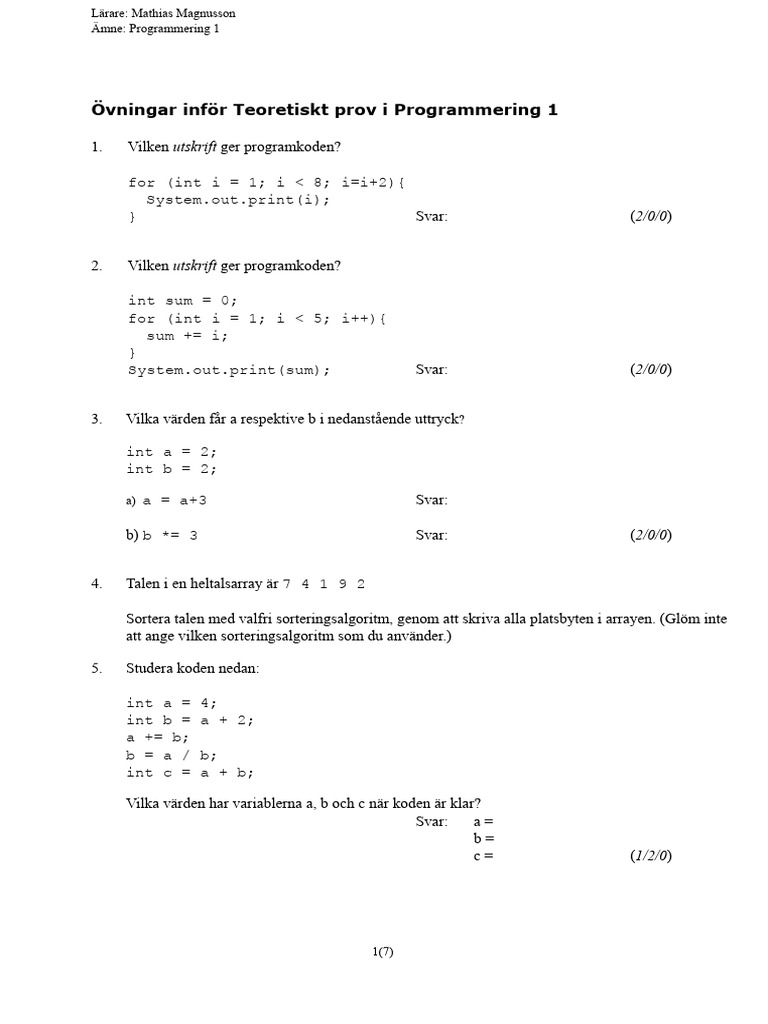 Övningar Inför Teoretiskt Prov I Programmering 1 VT14WST | PDF