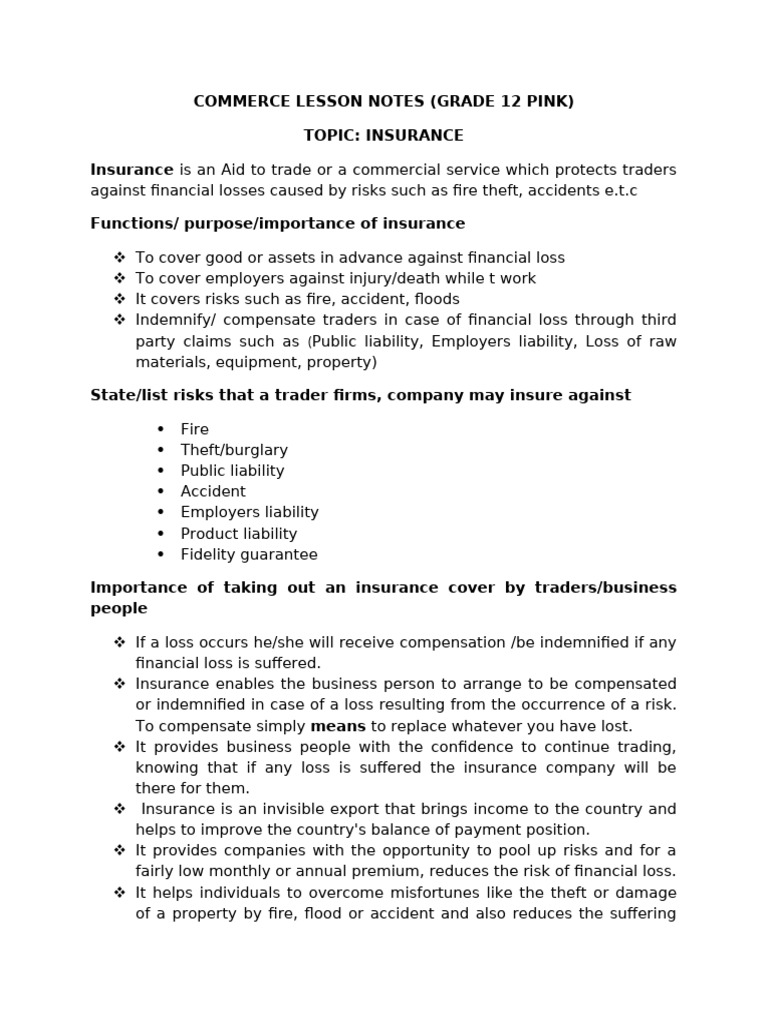 COMMERCE LESSON NOTES | PDF | Insurance | Vehicle Insurance