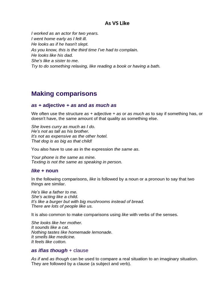 Understanding "As" vs. "Like" in English | PDF | Adjective | Language ...
