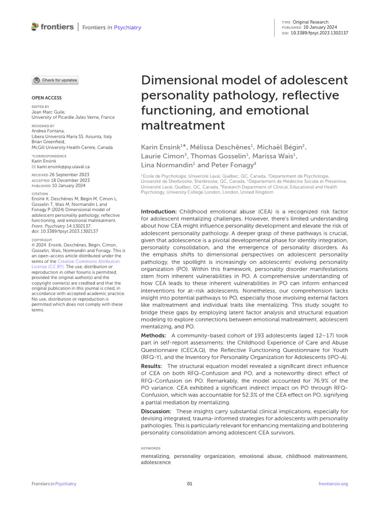 Dimensional Model of Adolescent Personality Pathology, Reflective Functioning, and Emotional ...