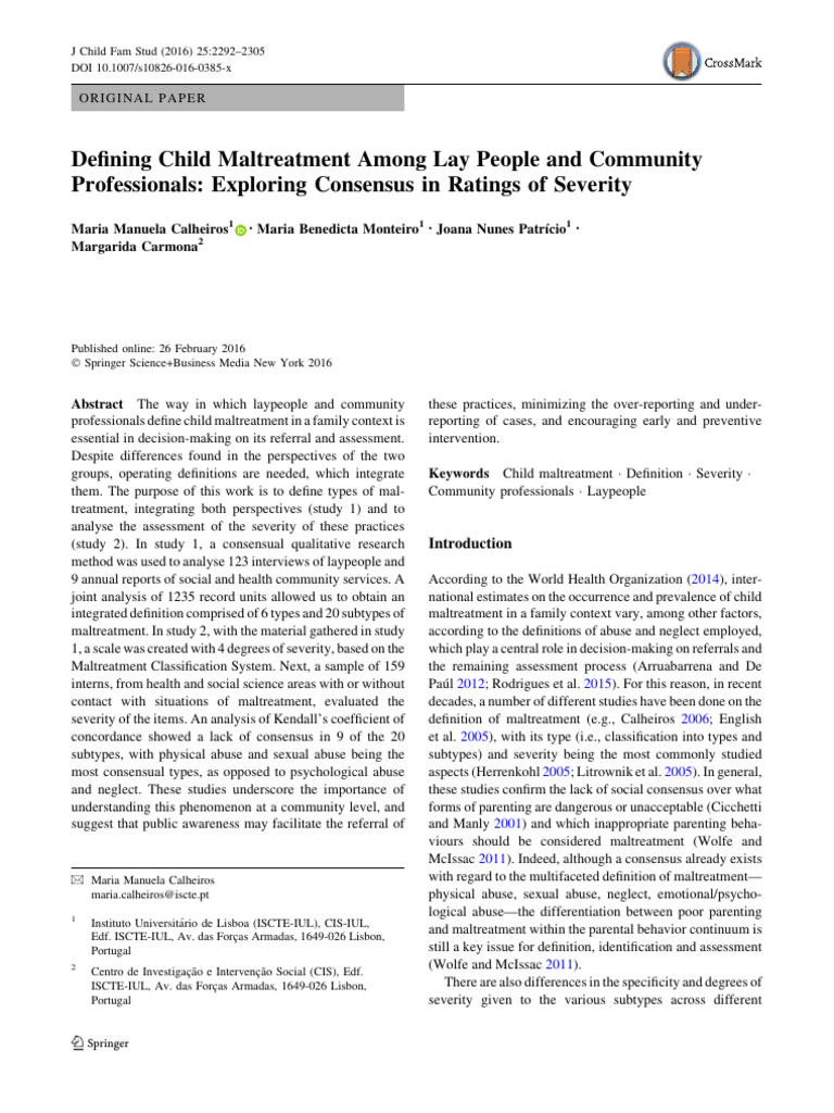 Defining Child Maltreatment Among Lay People and Community Professionals Exploring Consensus in ...