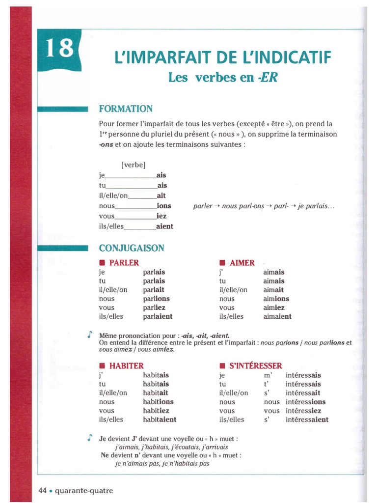 L'imparfait Les Verbes en - ER Indicatif 46,47 | PDF