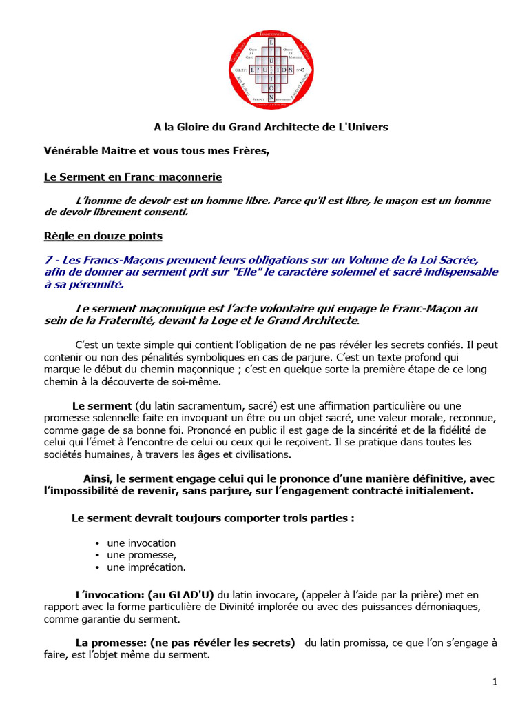 Le Serment Maçonnique : Engagement Sacré | PDF | Franc-maçonnerie