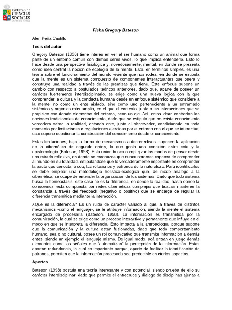 Alen Peña Castillo - Ficha Bateson | PDF | Conocimiento | Sistema