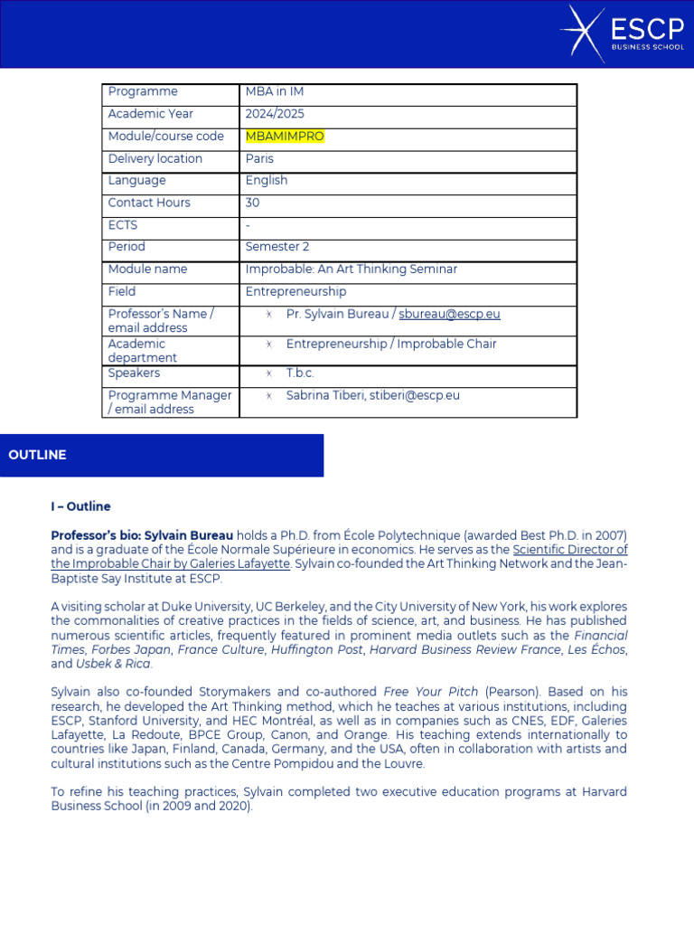 MBA IN IM - Syllabus 24-25 Improbable - Art Thinking | PDF | Entrepreneurship | Leadership