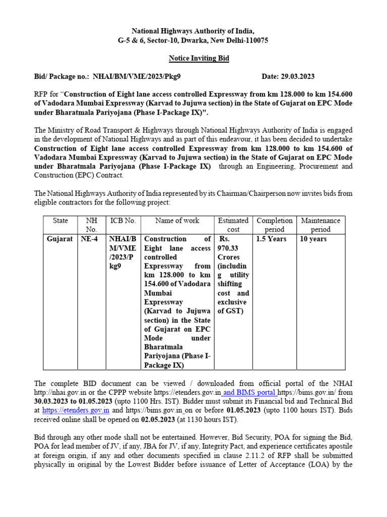 Revised Nit - Vme Pkg 9 - Epc Mode | PDF | Cheque | Road Infrastructure