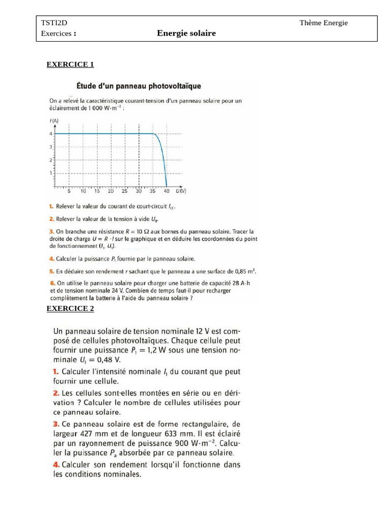 Solar Energy Exercises TSTI2D | PDF
