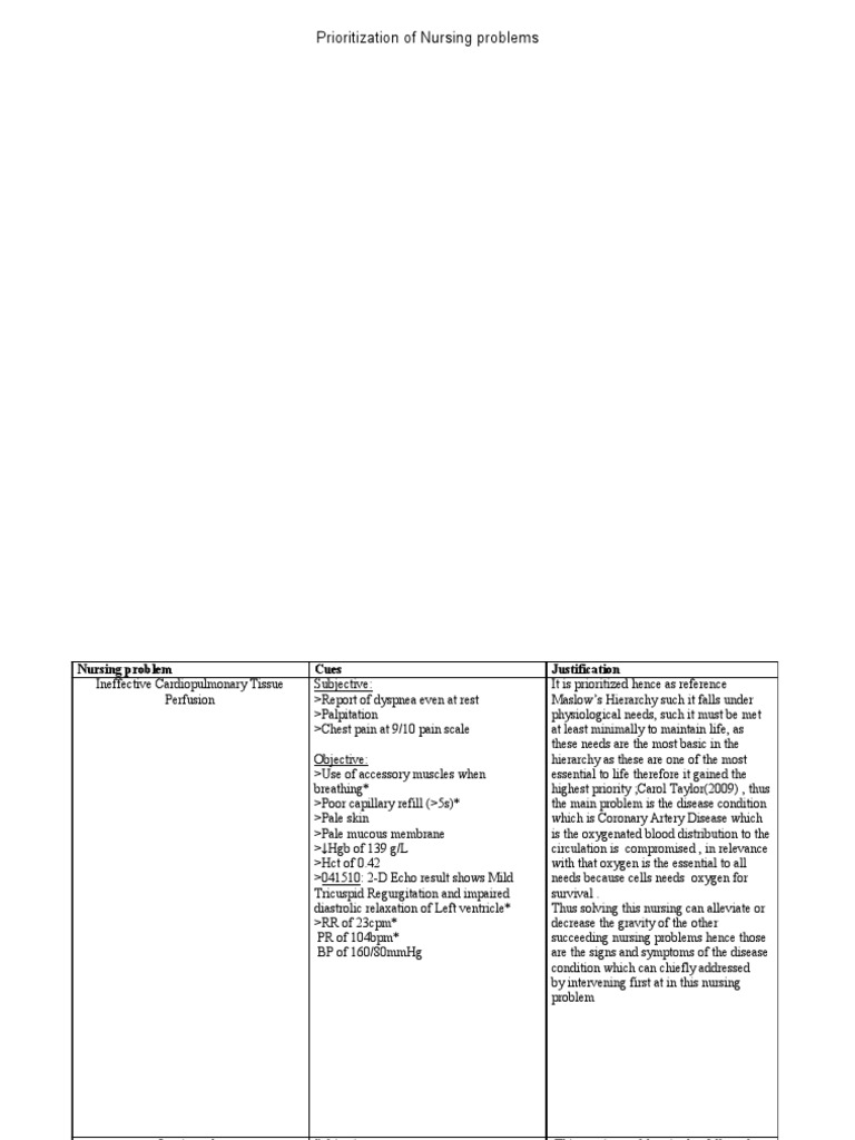 Prioritization of Nursing Problems | PDF | Pain | Circulatory System