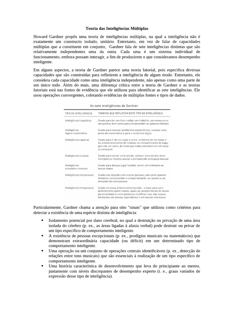 Teoria Das Multiplas Inteligências e Teoria Triárquica Da Inteligência ...