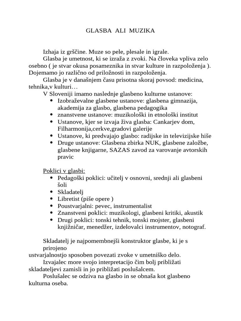 GLASBA ALI MUZIKA 1. Letnik | PDF